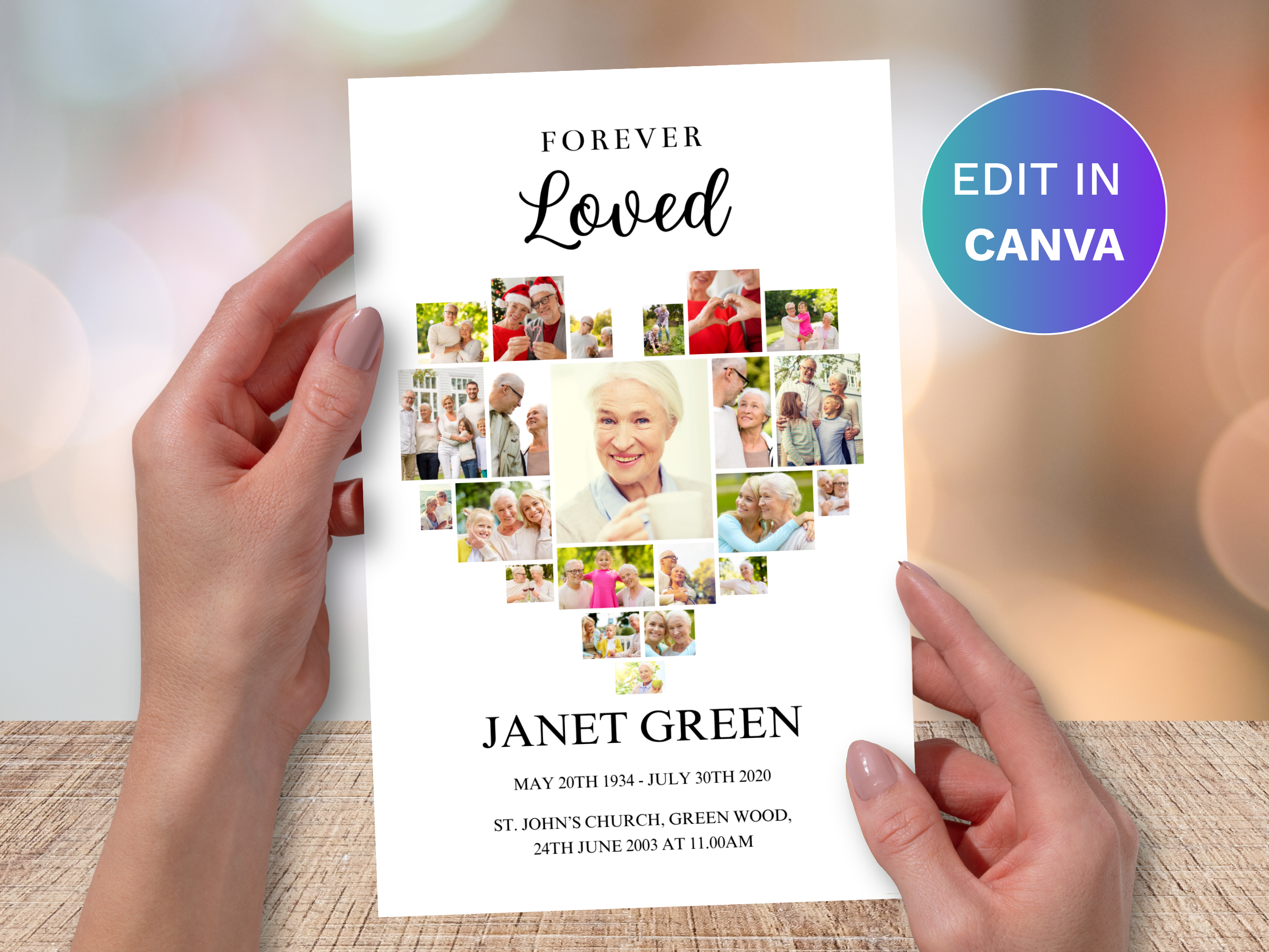 Canva Funeral Program Template with Heart Photo Collage – Funeral Templates