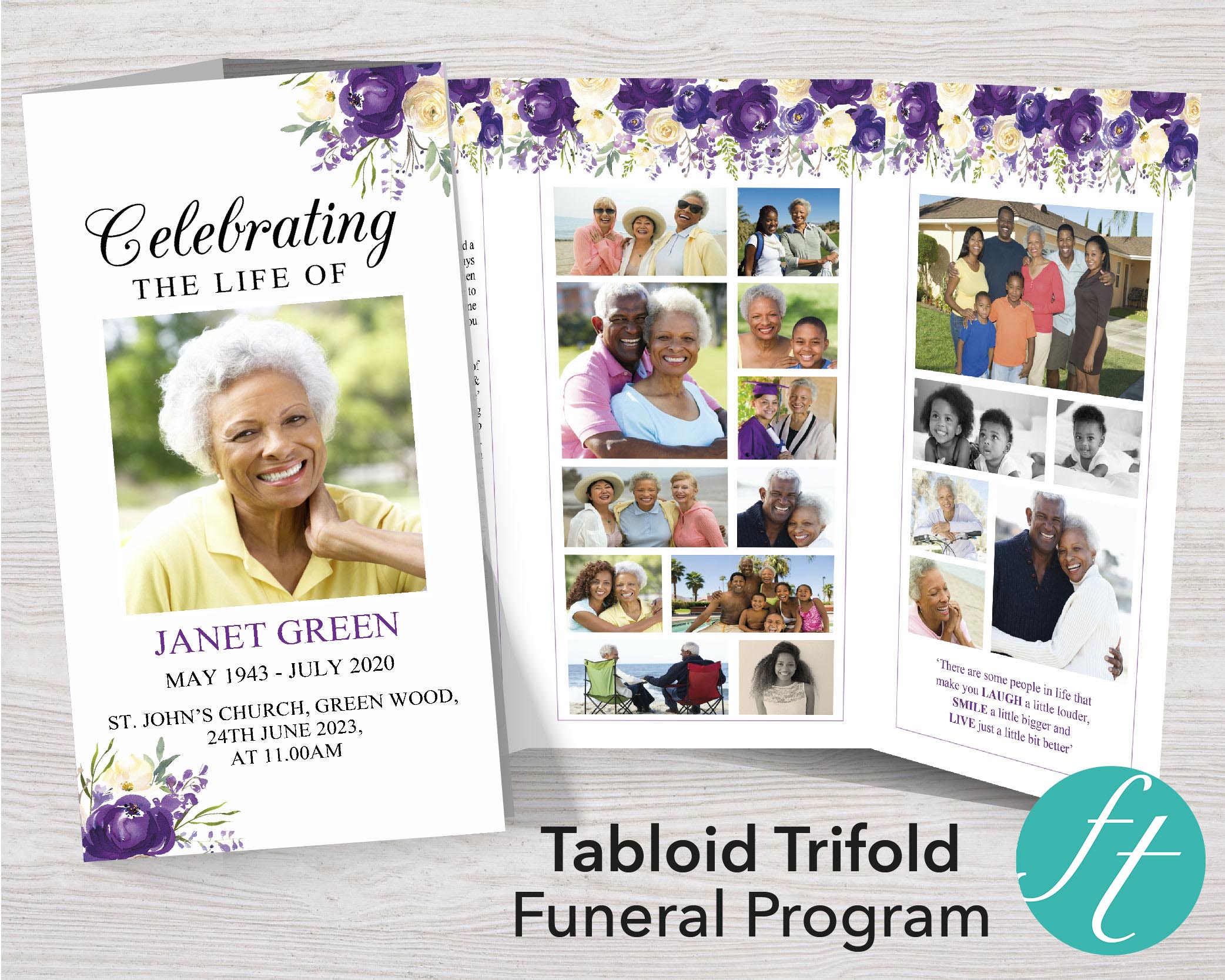 11x17 Trifold Purple Bloom Funeral Program Template – Funeral Templates