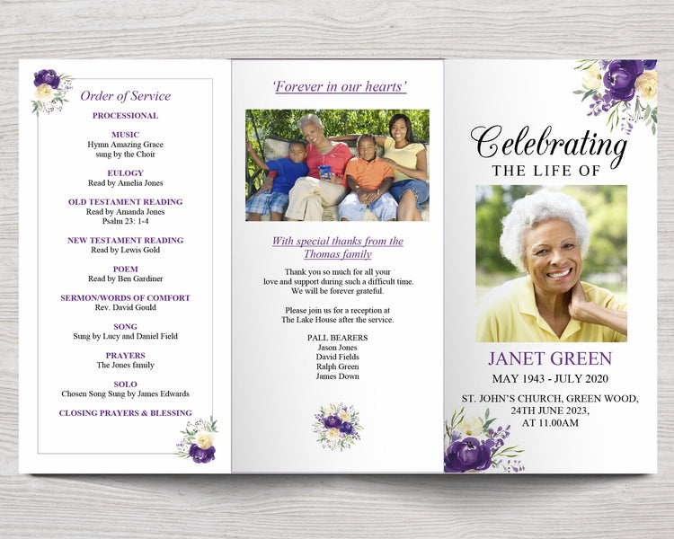 11x17 Trifold Purple Bloom Funeral Program Template – Funeral Templates