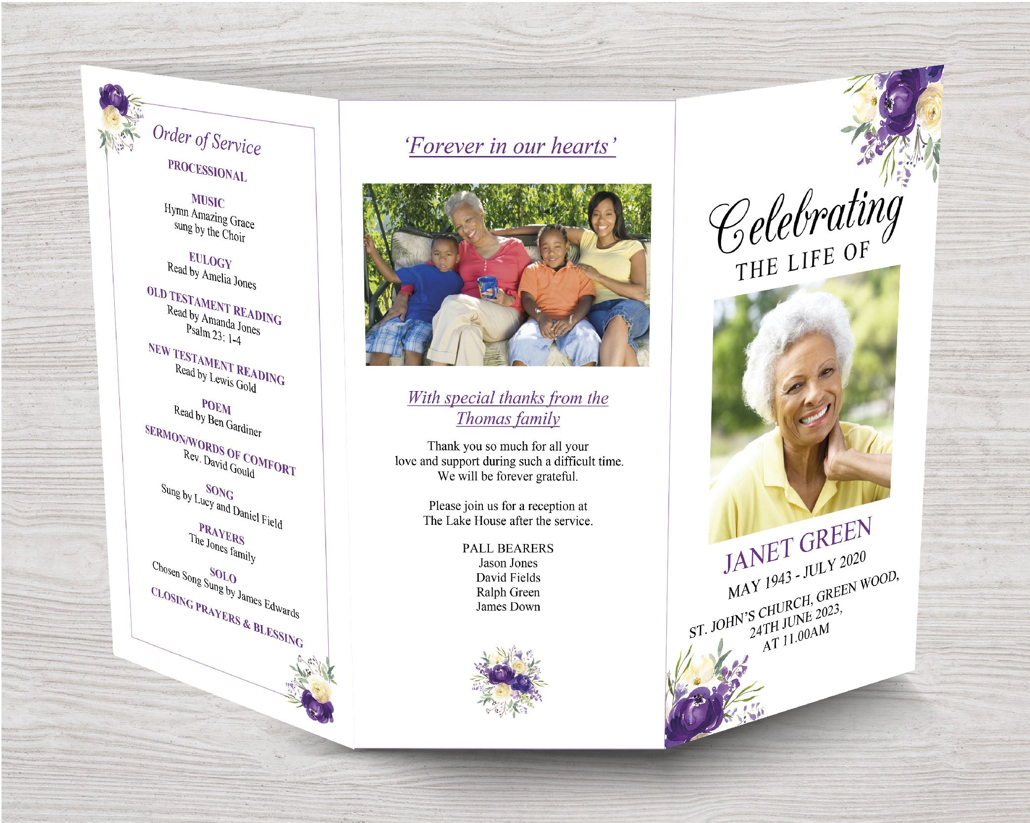 11x17 Trifold Purple Bloom Funeral Program Template – Funeral Templates