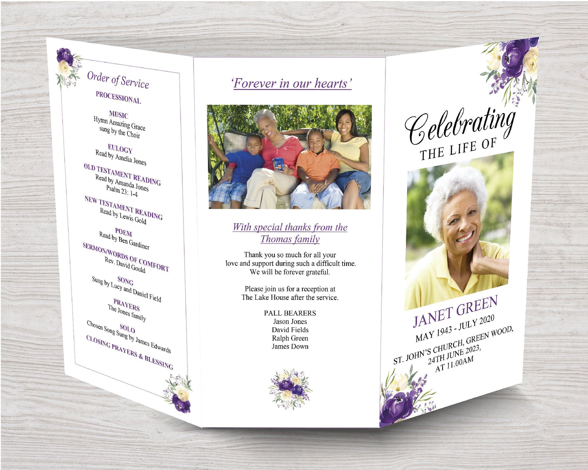 11x17 Trifold Purple Bloom Funeral Program Template – Funeral Templates