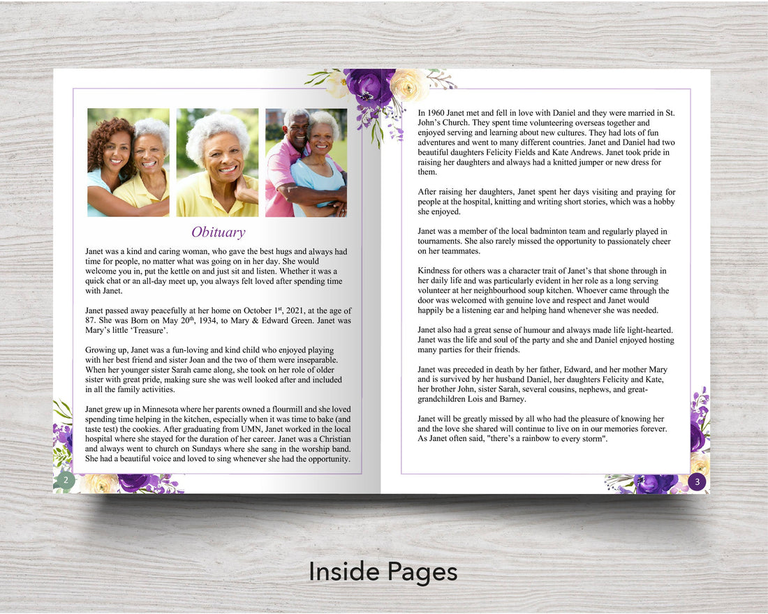 11x17 Funeral Program Template with 12 pages | Purple Flowers – Funeral ...