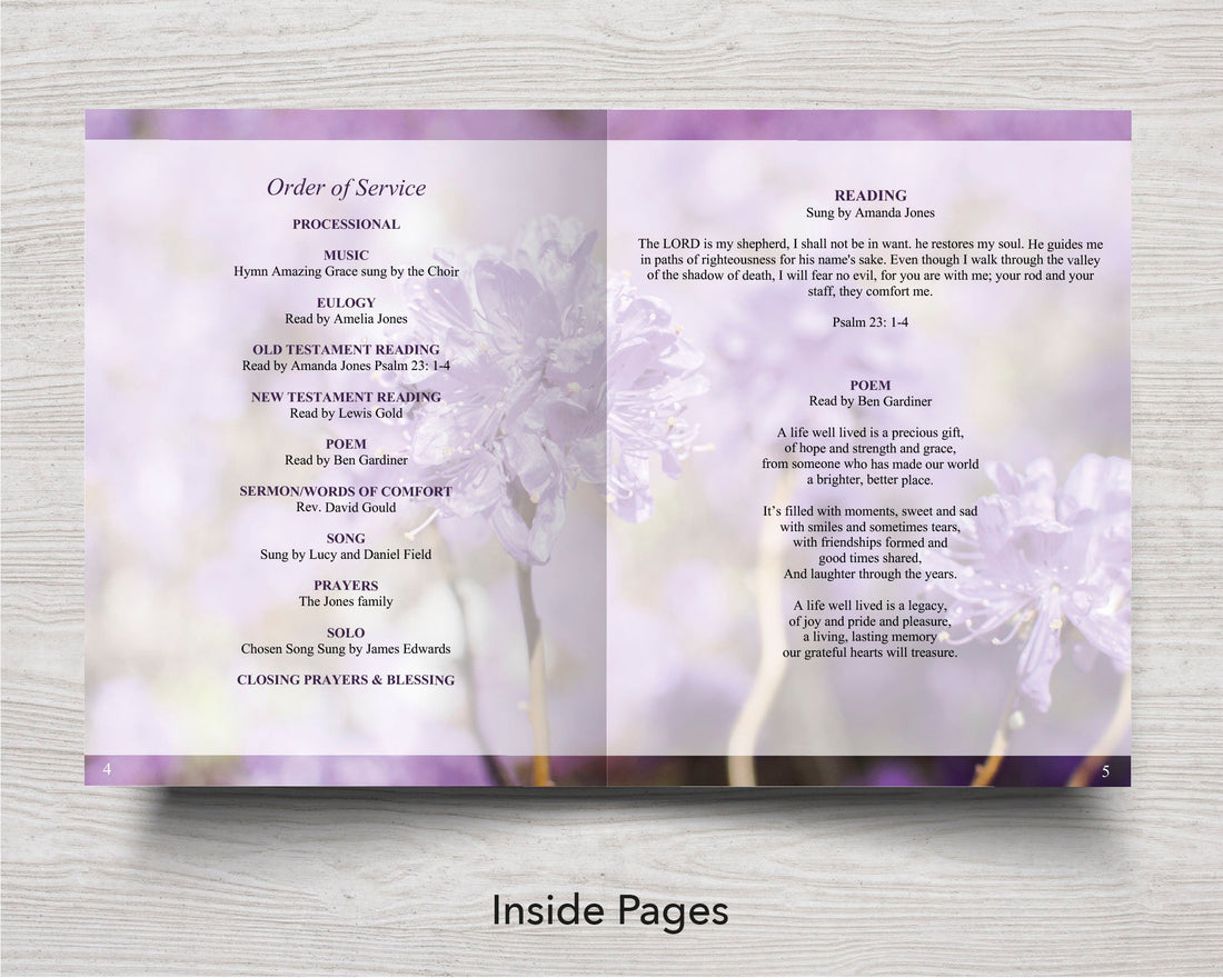 11x17 Funeral Program Template with 12 pages | Purple Flowers – Funeral ...