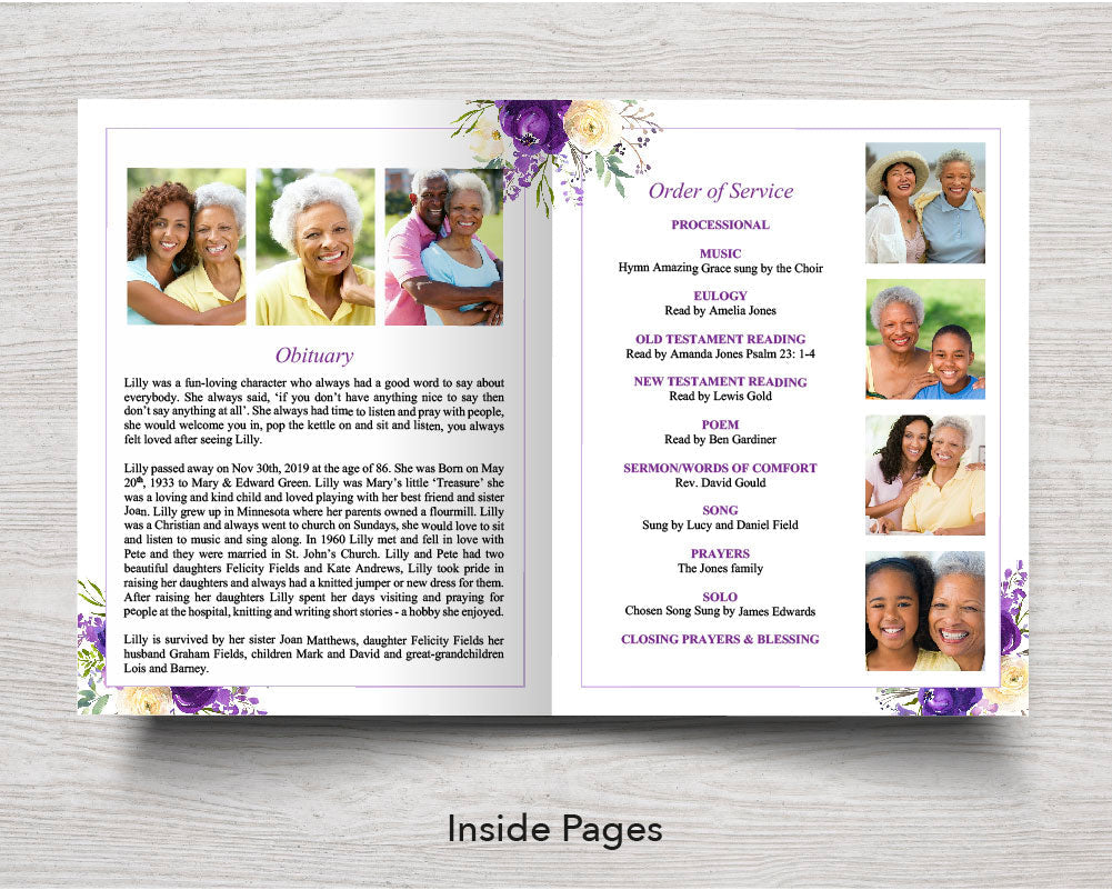 4 Page Purple Bloom Funeral Program Template (11 x 17 inches) – Funeral ...