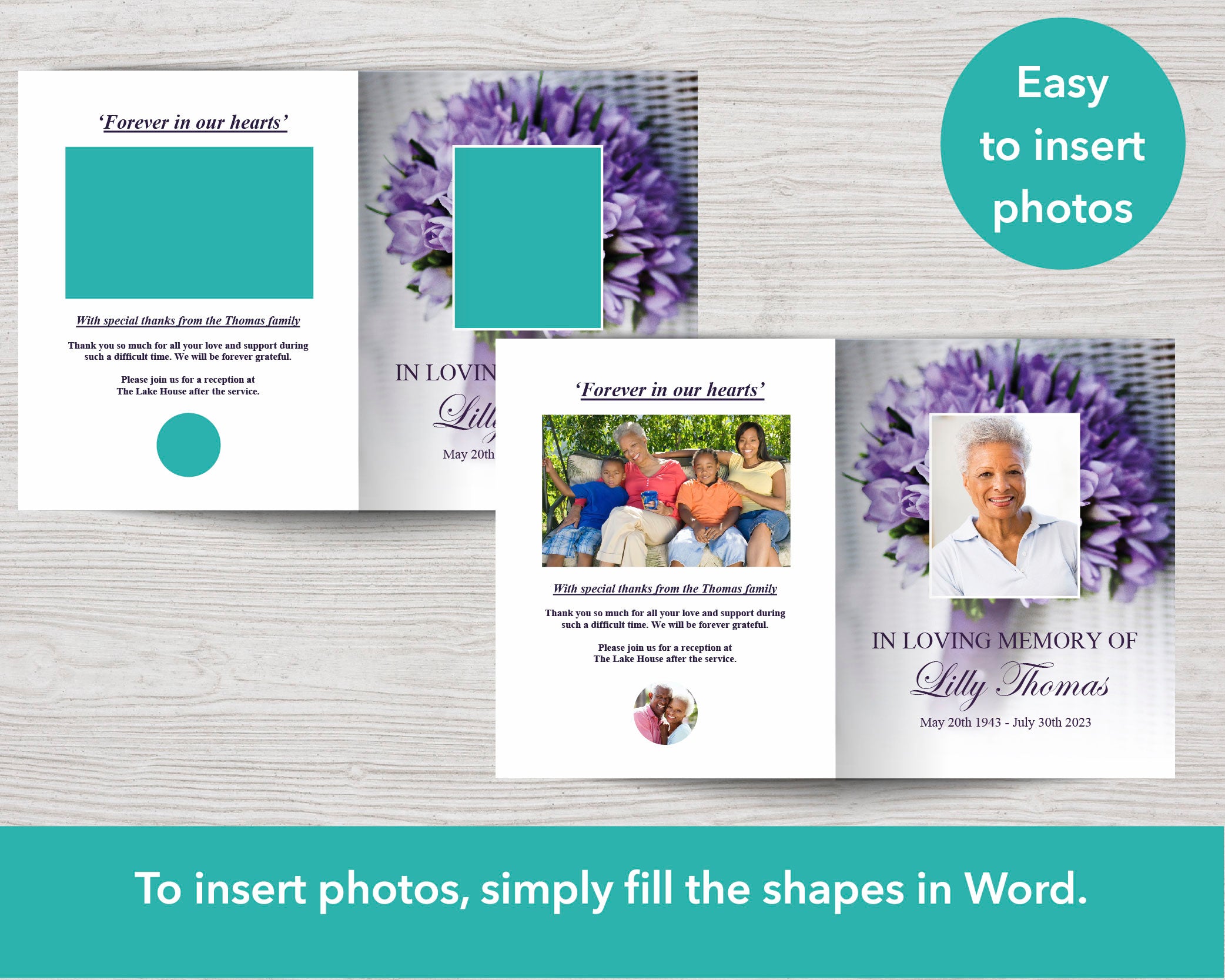 8 Page Purple Bouquet Funeral Program Template (11 x 17 inches ...