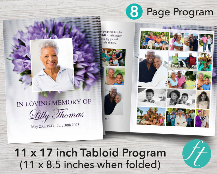 8 Page Purple Bouquet Funeral Program Template (11 x 17 inches ...