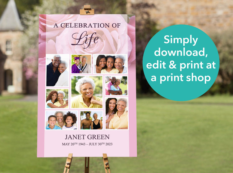 Pink Rose Funeral Photo Display with 3 Funeral Posters – Funeral Templates