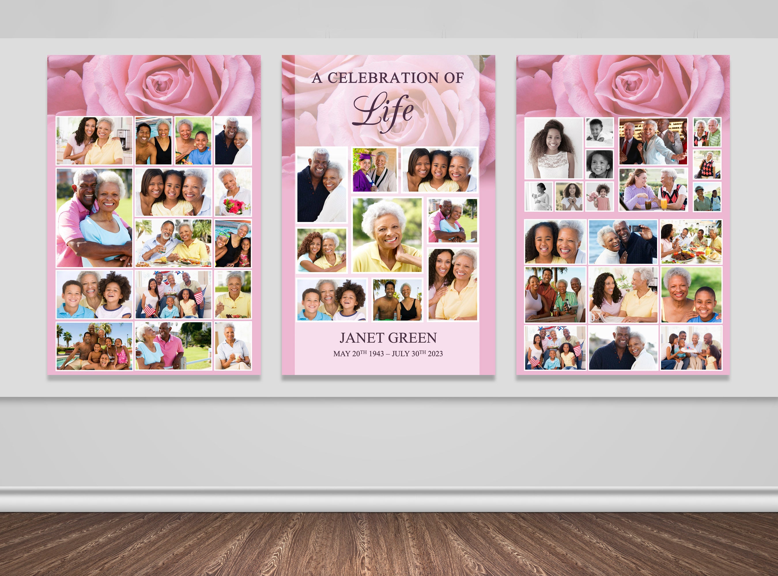 Pink Rose Funeral Photo Display with 3 Funeral Posters – Funeral Templates