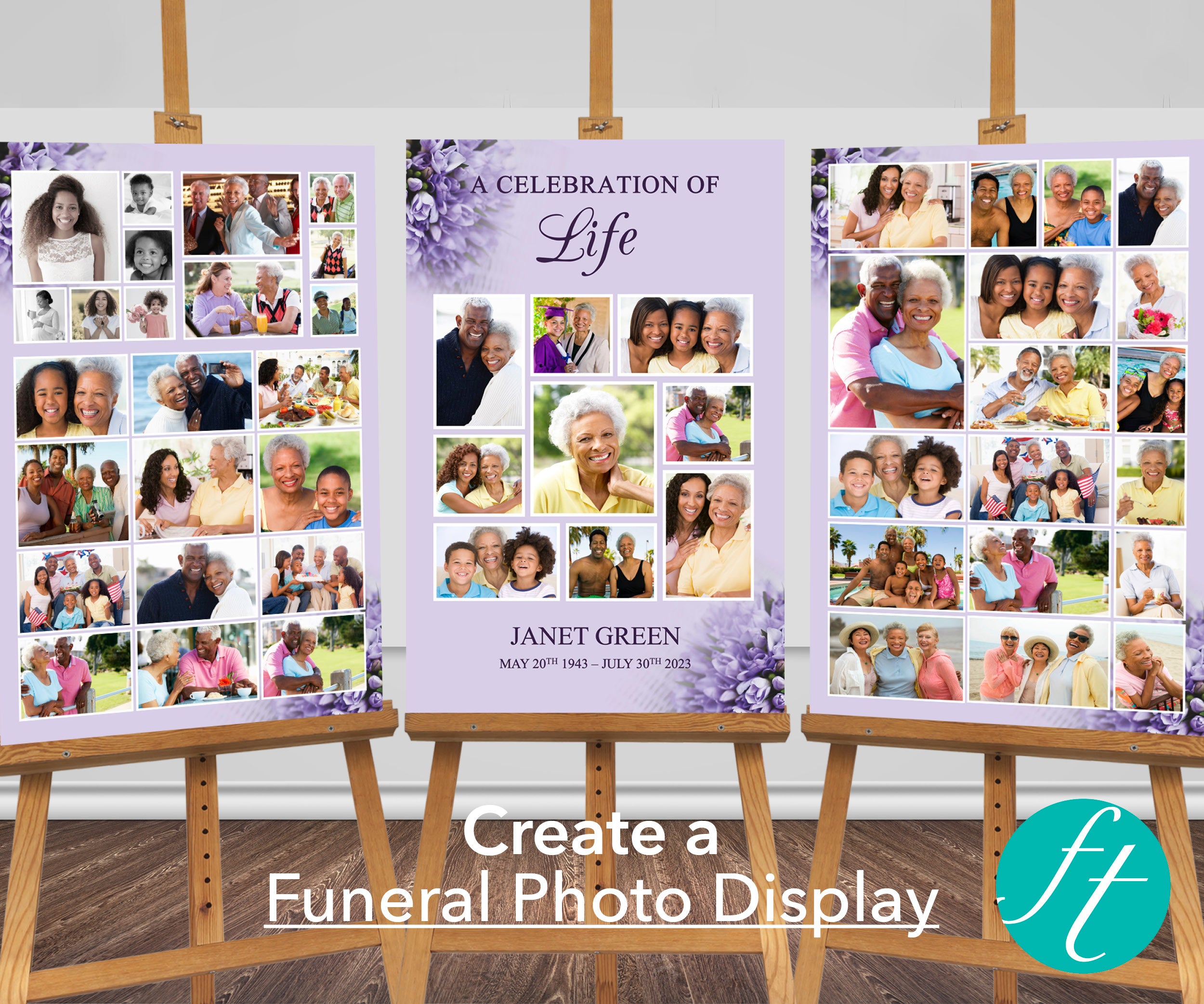 Purple Funeral Photo Display with Three Funeral Posters – Funeral Templates