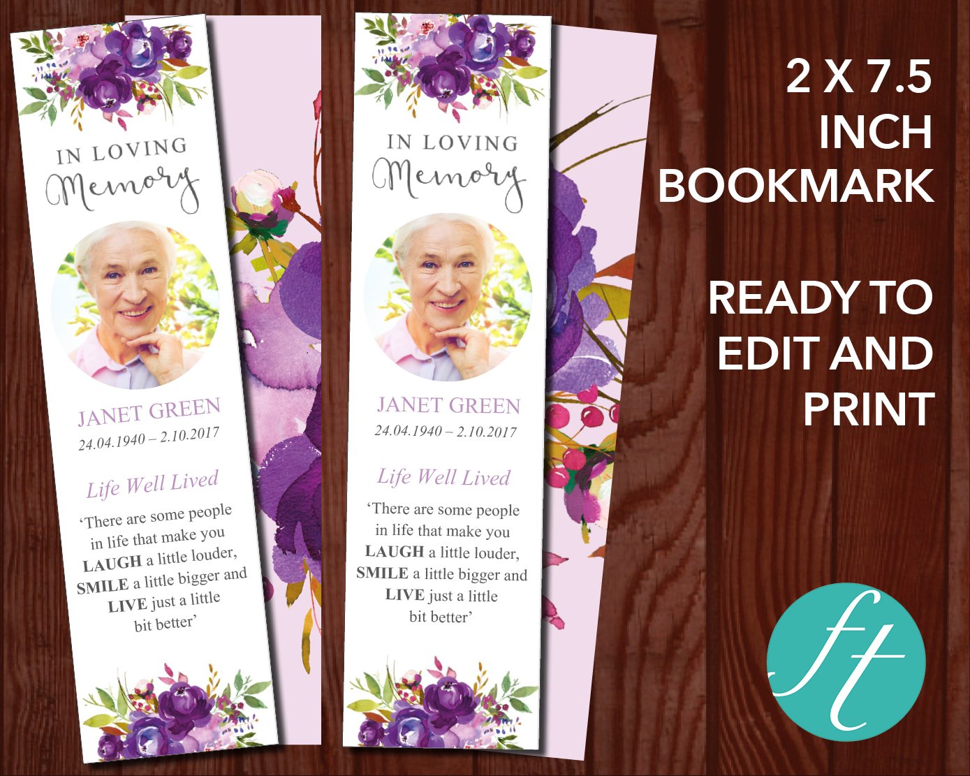 Funeral Bookmark with Purple Peonies Flowers – Funeral Templates