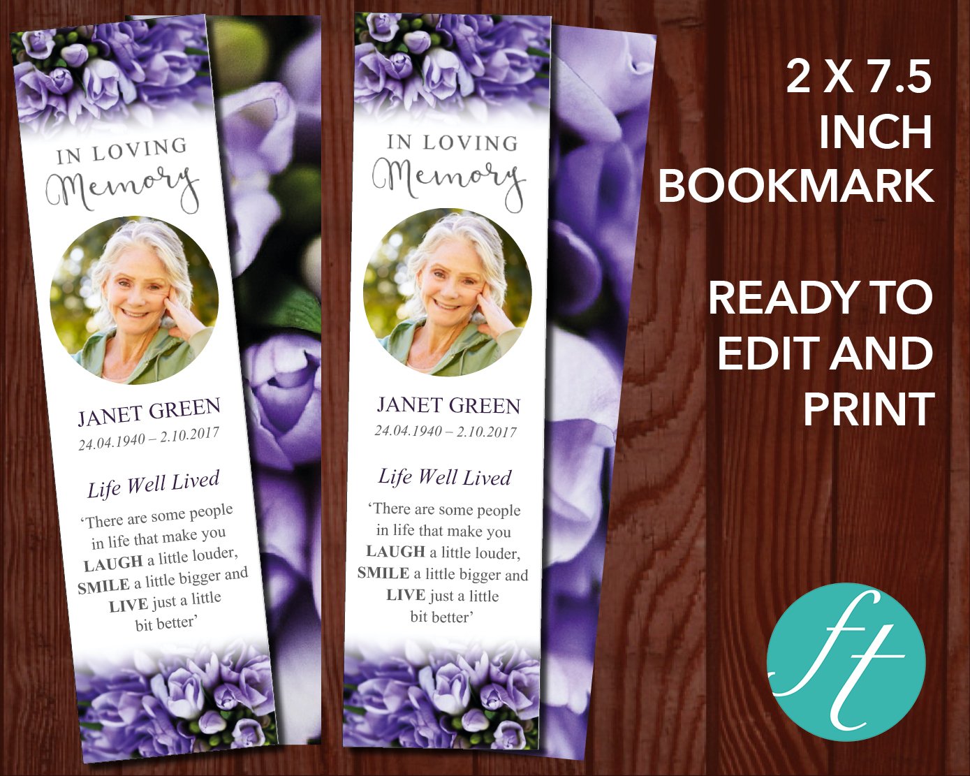 Funeral Bookmark with Purple Flowers – Funeral Templates