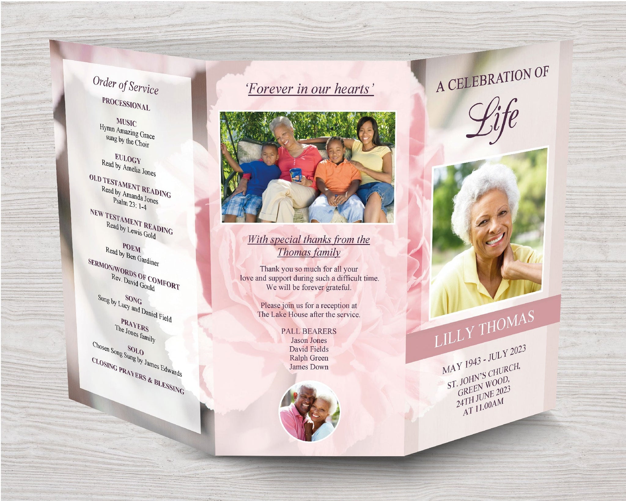 11x17 Trifold Funeral Program Template | Pink Carnations – Funeral ...