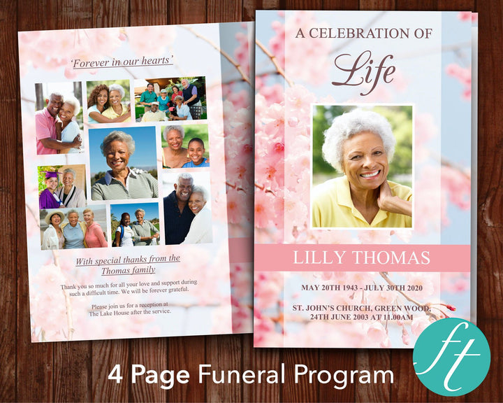 4 Page Cherry Blossom Funeral Program Template