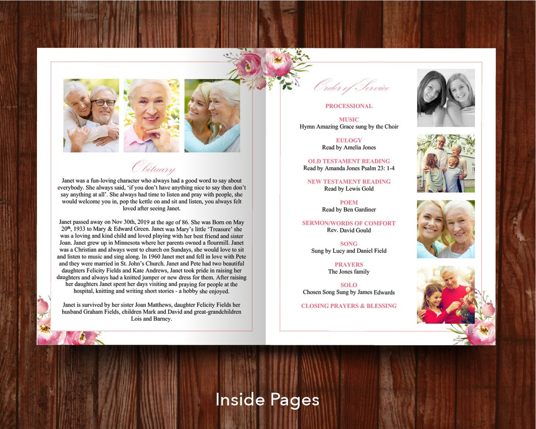4 Page Pink Floral Funeral Program Template (11 x 17 inches) – Funeral ...