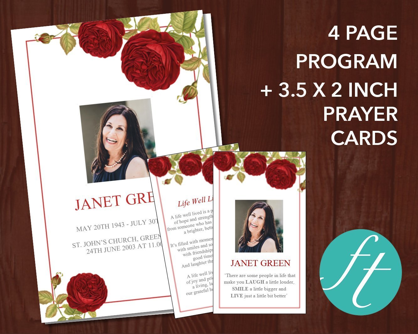 4 Page Red Rose Funeral Program Template + Prayer Card – Funeral Templates