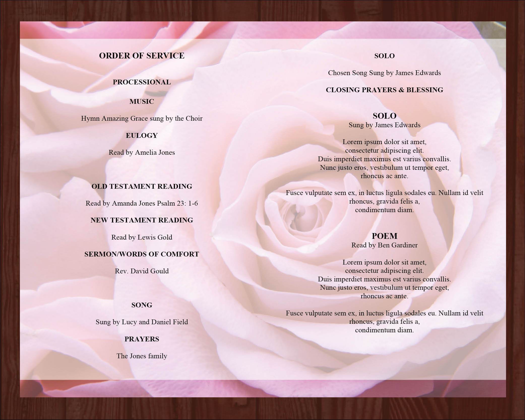 8 Page Pink Rose Funeral Program Template + Prayer Card – Funeral Templates