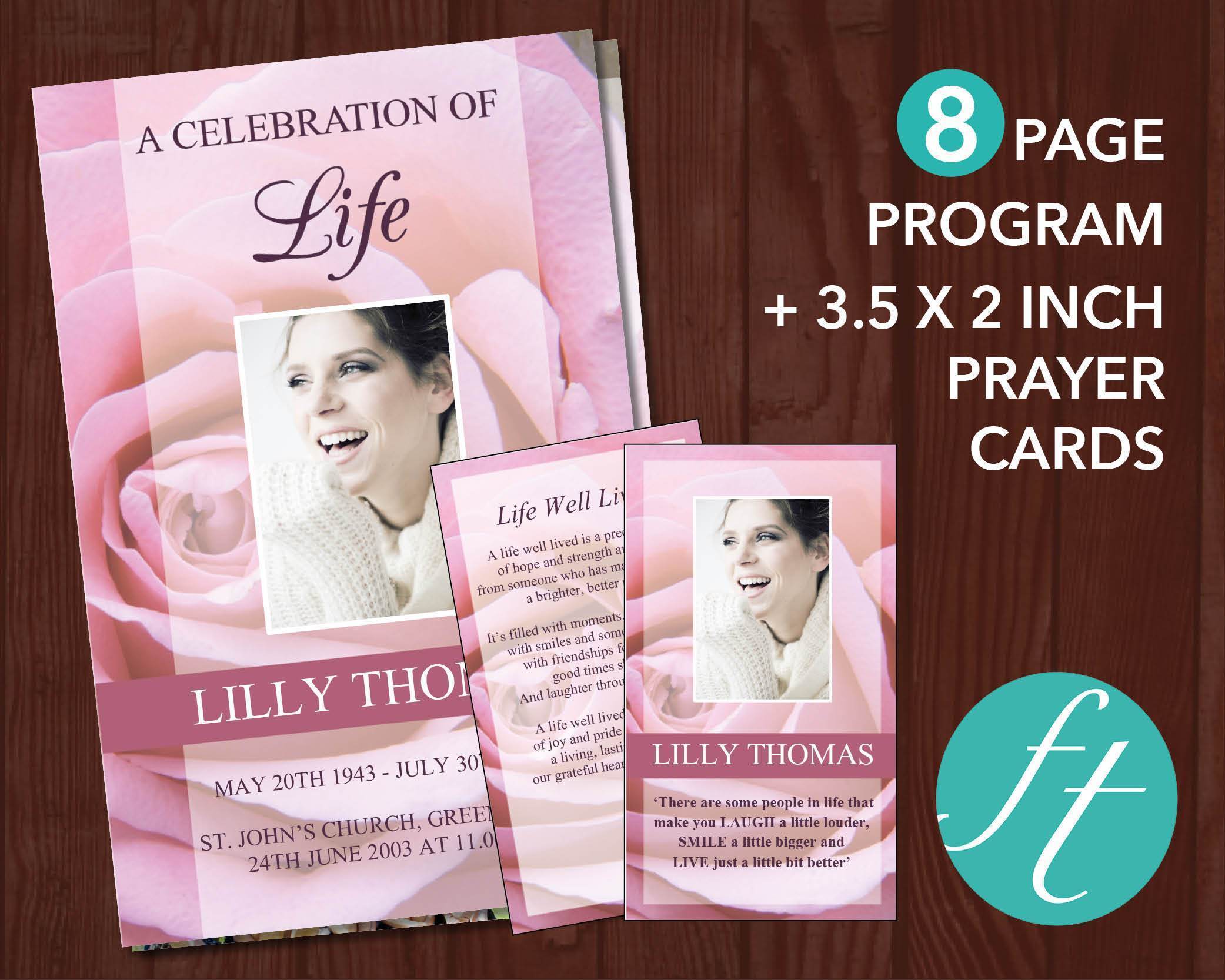 8 Page Pink Rose Funeral Program Template + Prayer Card – Funeral Templates