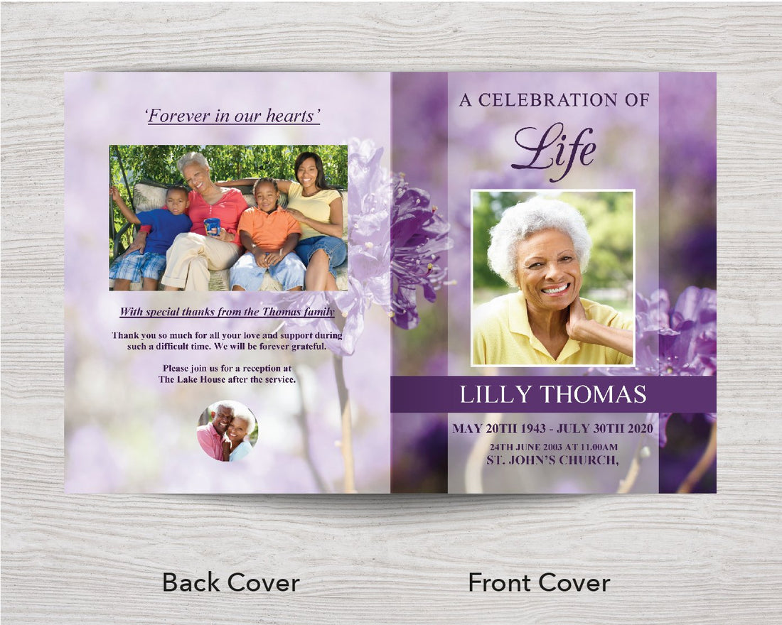 8 Page Purple Flowers Funeral Program Template (11 x 17 inches ...
