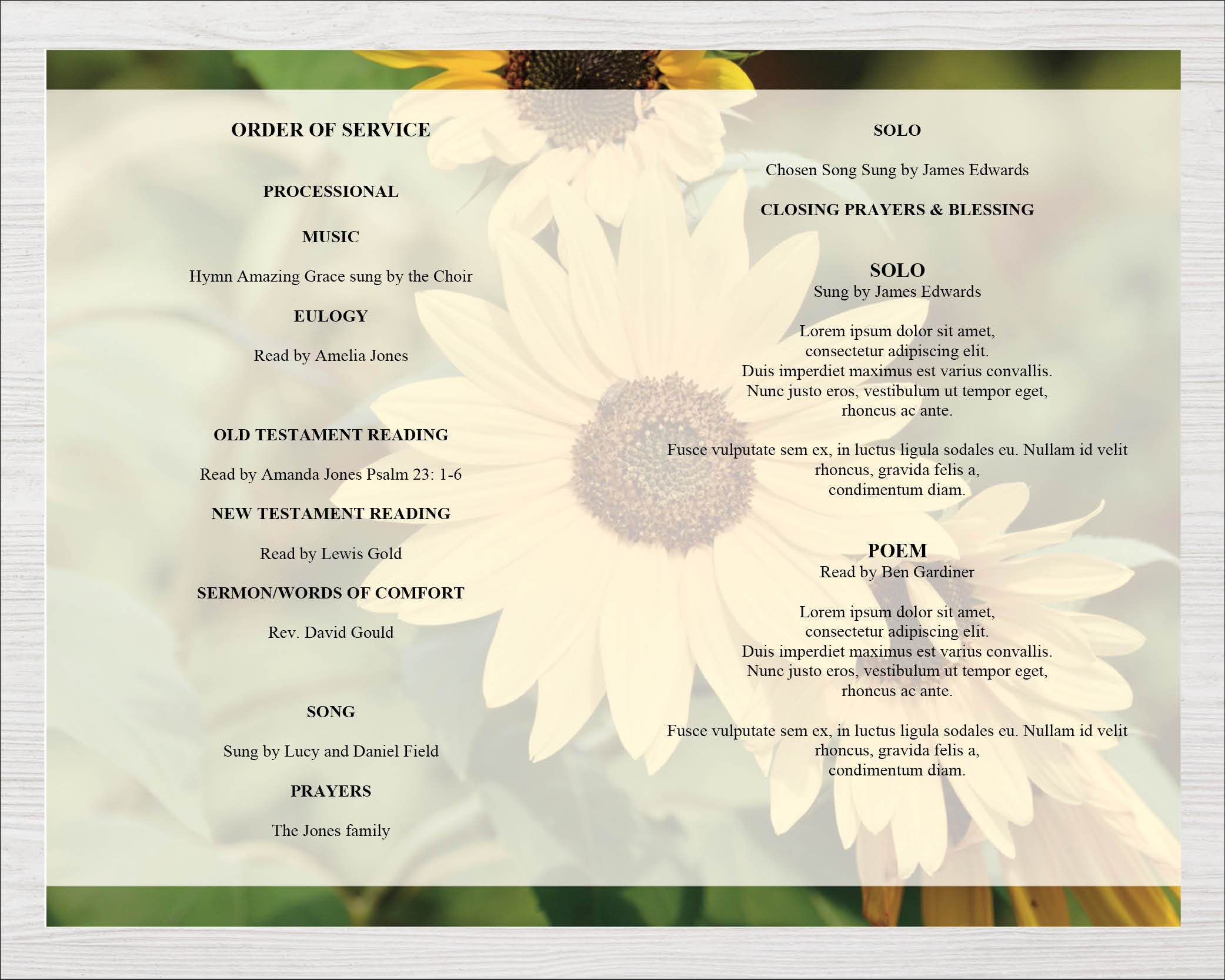 8 Page Sunflowers Funeral Program Template – Funeral Templates