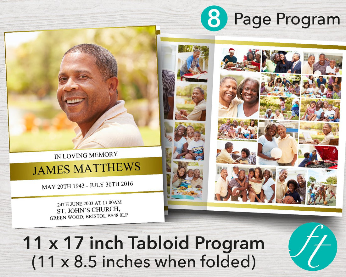 8 Page White & Gold Funeral Program Template (11 x 17 inches) – Funeral ...