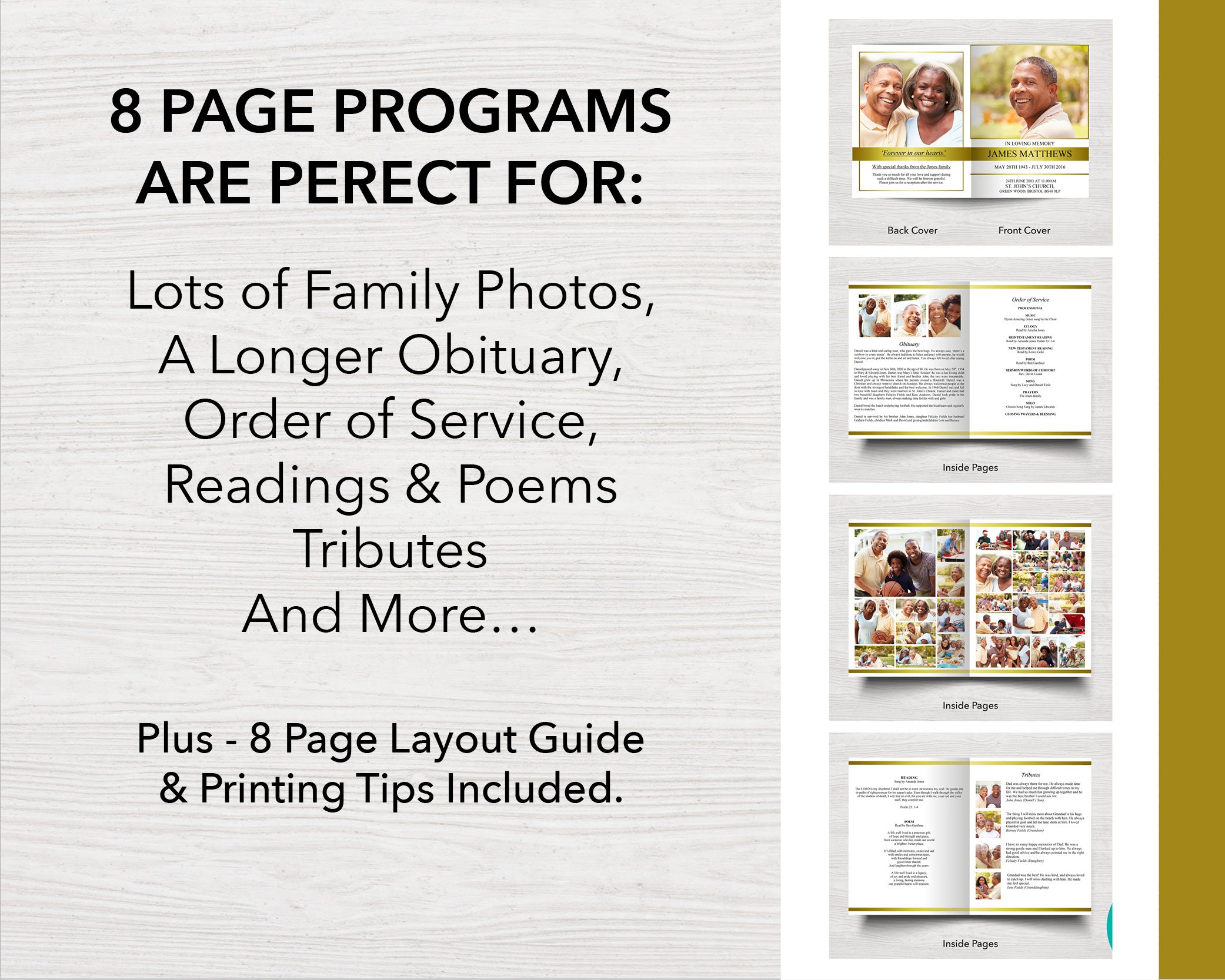 8 Page White & Gold Funeral Program Template (11 x 17 inches) – Funeral ...