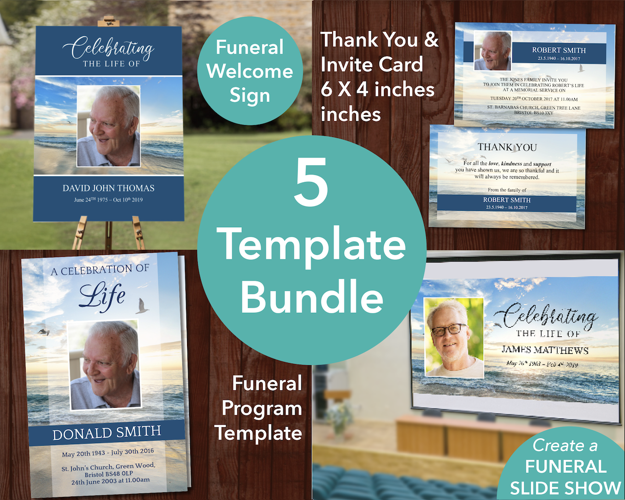 4 Page Beach Program + Sign, Slide Show, Thank You & Invite – Funeral ...