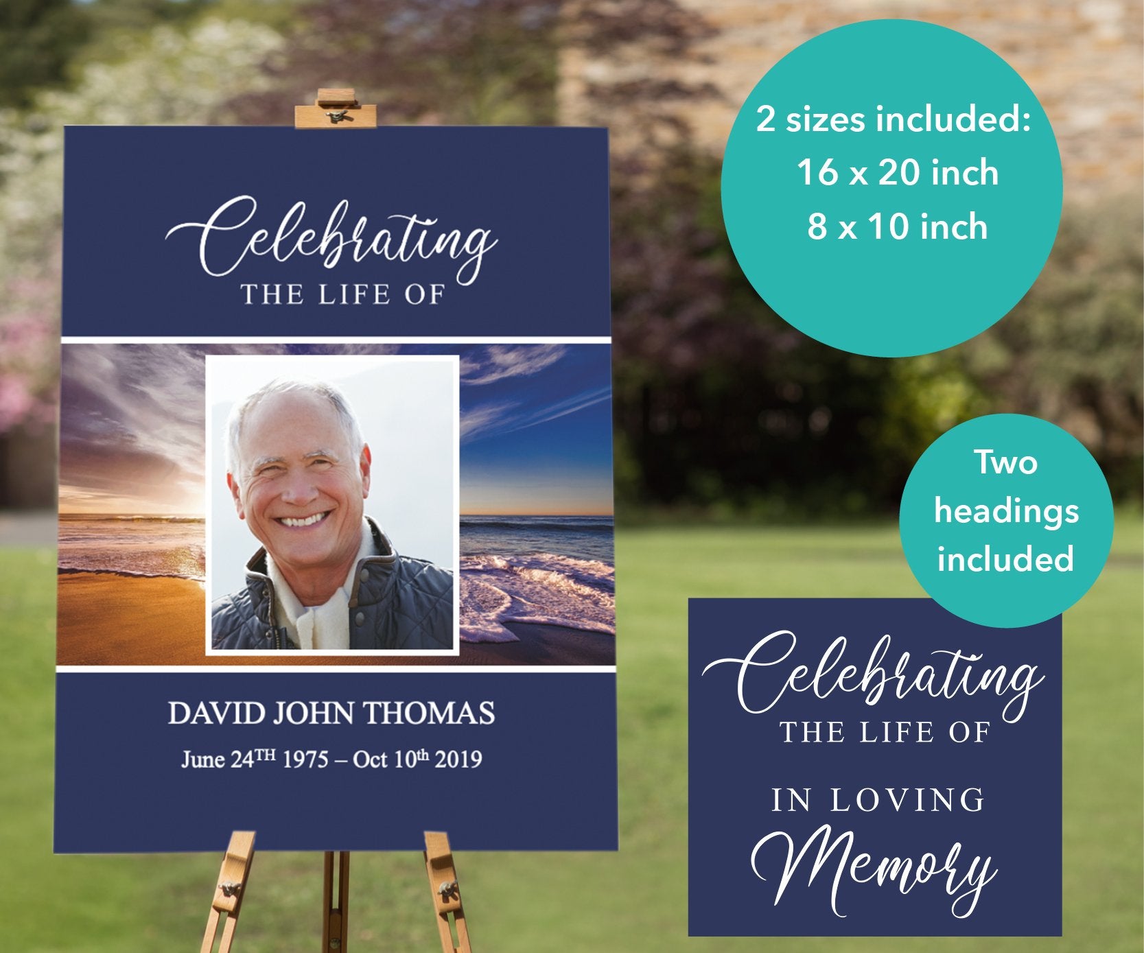 Beach Funeral Sign + Slideshow, Bookmark, Share a Memory Sign & Cards ...