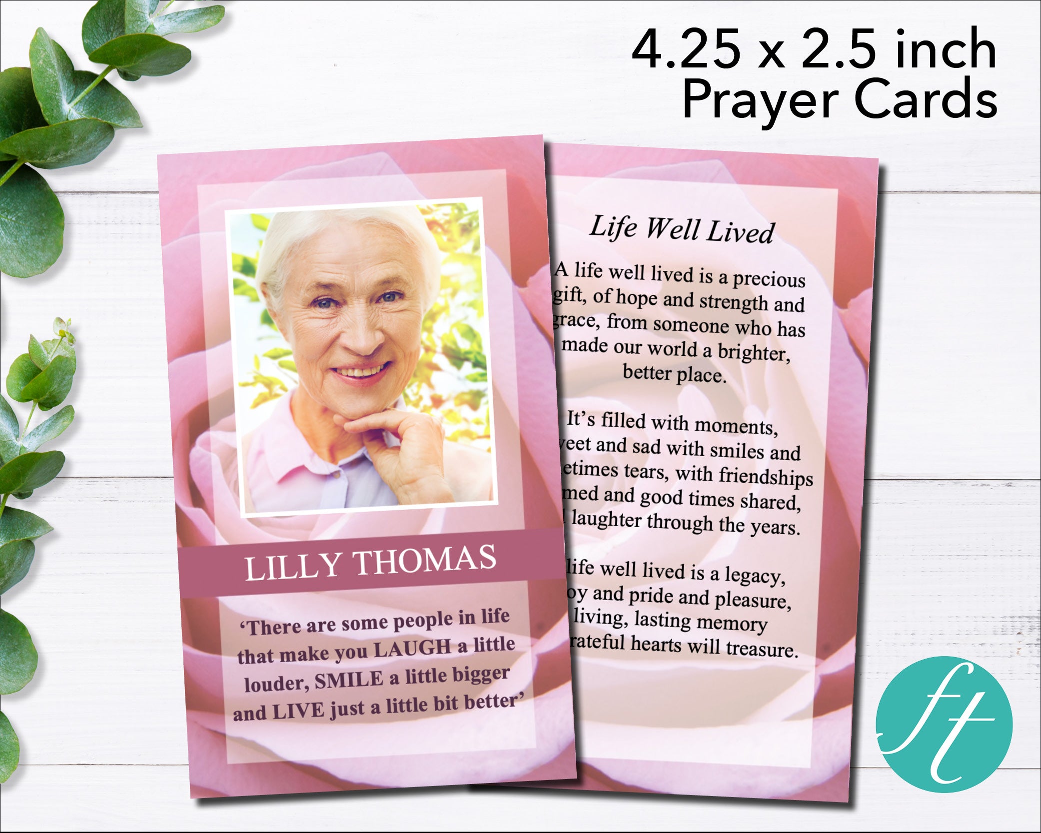 Pink Rose Funeral Prayer Card (4.25 x 2.5 inches) – Funeral Templates