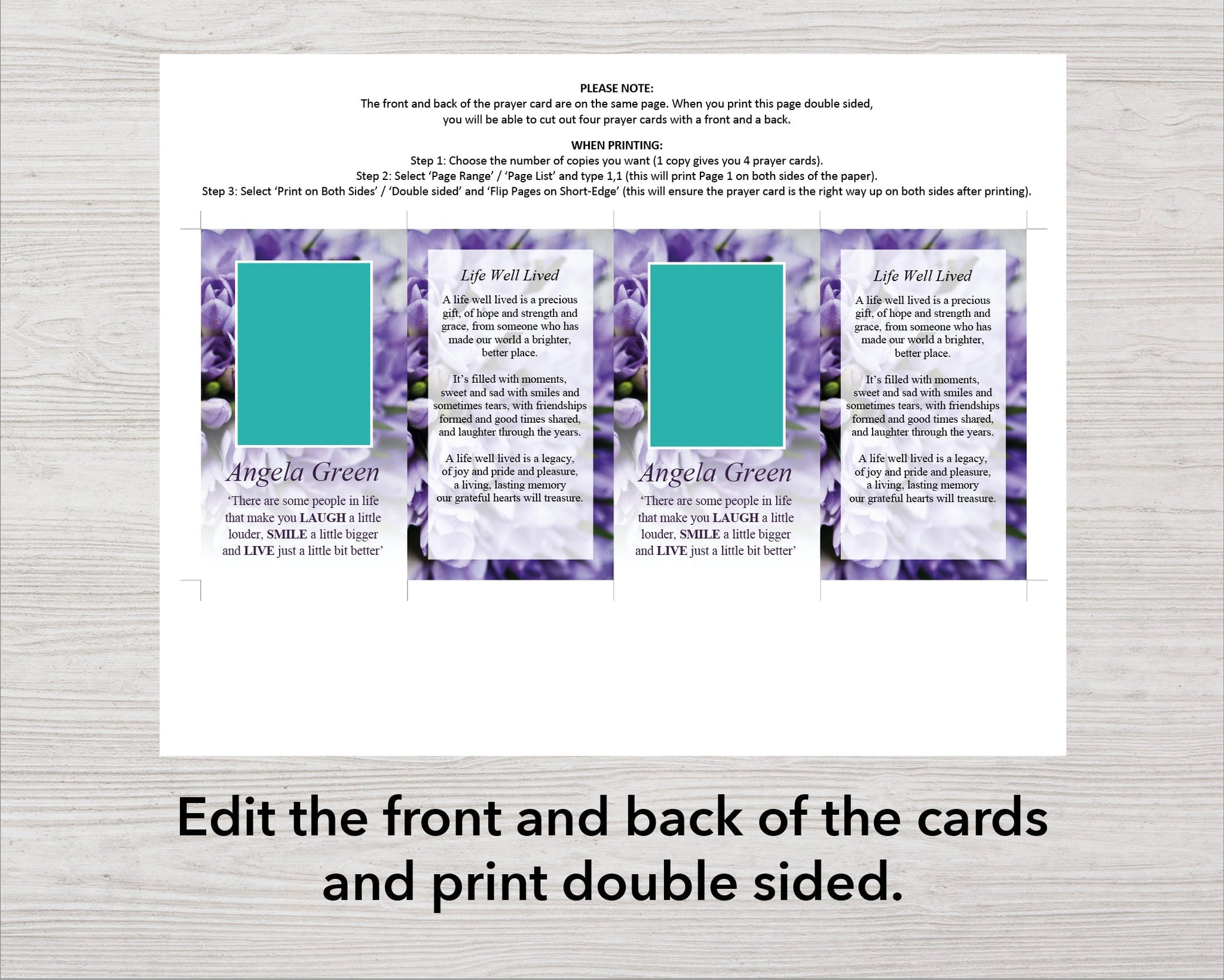 Purple Bouquet Funeral Prayer Card (4.25 x 2.5 inches) – Funeral Templates